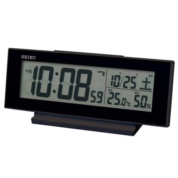 セイコークロック(Seiko Clock) 目覚まし時計 常時点灯 電波 デジタル カレンダー 温度 湿度 表示 夜でも見える 黒・一部黒 82×206×51mm SQ324K ・12時間制／24時間制切替式、液晶パネル角度調節用スタンドつ...