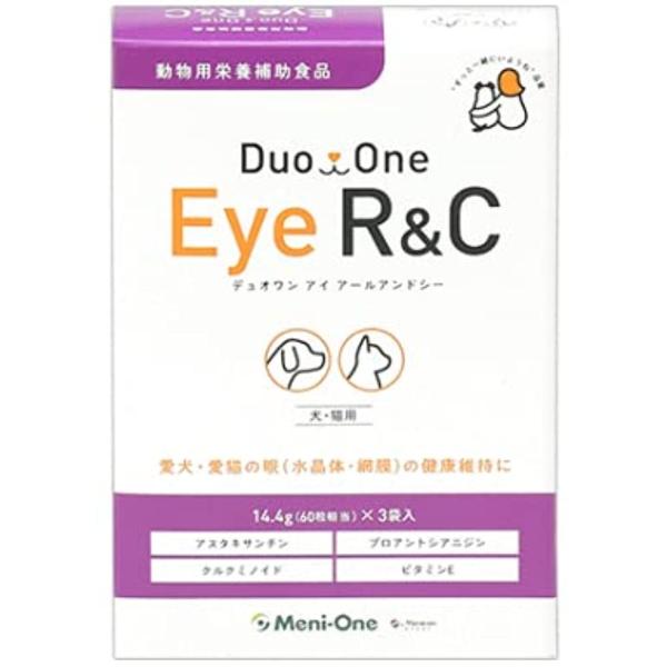 メニワン Duo One Eye R＆C 犬猫用 180粒（60粒×3袋） ・愛犬・愛猫の眼（水晶体・網膜）の健康維持に商品紹介?4種の成分により眼を健やかに保ちます。（プロアントシアニジン、クルクミノイド、アスタキサンチン、ビタミンE）　...