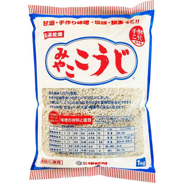 伊勢惣 みやここうじ 1kg ・カロリー:-・ブラント名: 伊勢惣・内容量:1kg・原材料:米(国内産)・商品サイズ(幅×奥行×高さ):220×40×300mm商品紹介手作り味噌、あま酒、こうじ漬けその他幅広くご利用できます。乾燥こうじです...