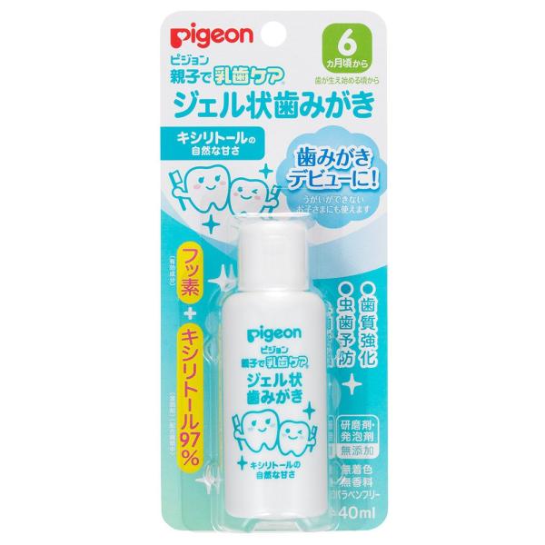 ピジョン 親子で乳歯ケア ジェル状歯みがき 40ml ・7か月から・日本・薬用成分:フッ化ナトリウム・フッ素配合で歯質を強化。キシリトール配合(配合糖類中97%)。研磨剤無配合・男女共用商品紹介ー使用方法歯ブラシに豆粒ほどを乗せ、2分間ブラ...