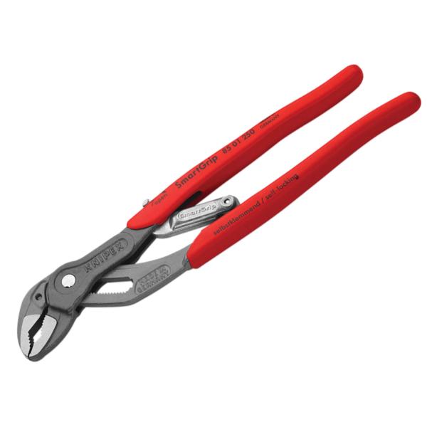 クニペックス KNIPEX スマートグリップ ウォーターポンププライヤー(SB) 8501-250 ジョイント部は横方向へのブレを防止する3枚合わせ（ボックスジョイント）。 口幅を最大にして握っても、ハンドルの間にクリアランスを確保する指詰...