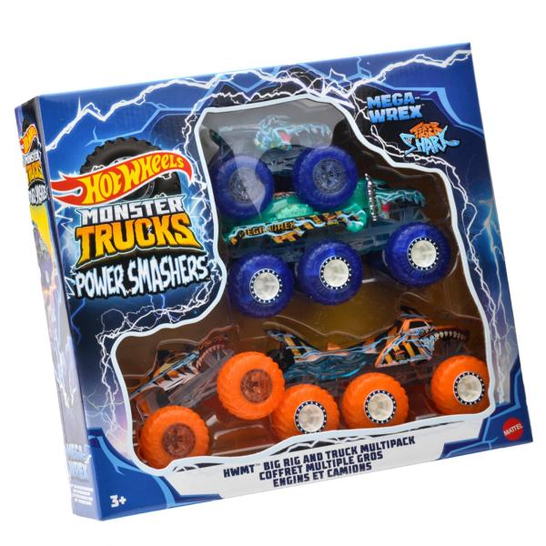 ホットウィール(Hot Wheels) モンスタートラック トランスポーターセット 乗り物おもちゃ ミニカー 4台 3歳から ブルー・オレンジ HYJ29 商品紹介【内容】モンスタートラックの新しいシリーズ「パワースマッシャーズ」より、稲妻...