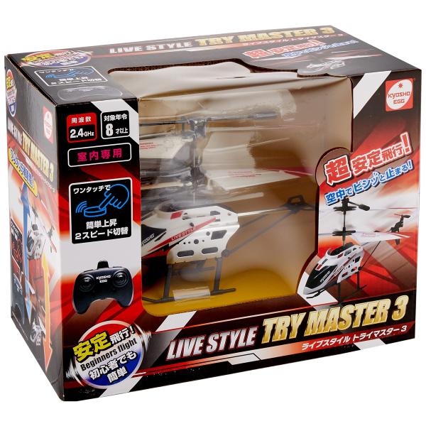 キョウショウエッグ RC ライブスタイル トライマスター3 TS052 ・使用電池:本体 リチウムポリマー3.7V 300Ah(内蔵) 送信機 単4アルカリ電池3本(別売)・充電時間:約50分 飛行時間:約9分・周波数:2.4GHz・飛行距...