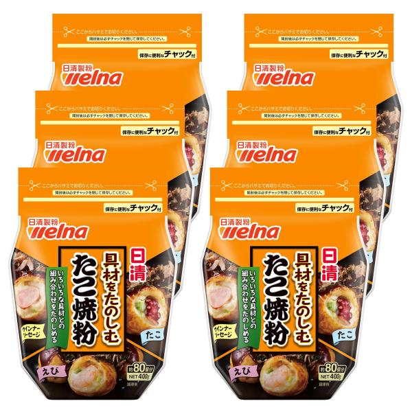 日清製粉ウェルナ 具材をたのしむたこ焼粉 400g ×6袋 ・100g当たり エネルギー353kcal、たんぱく質10.1g、脂質1.4g、炭水化物75.0g、食塩相当量2.7g