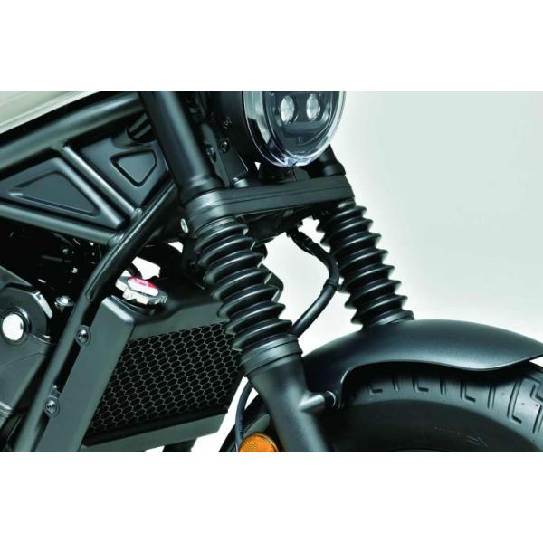 HONDA_2輪純正部品車種名：Rebel250取り付けできる年式：令和03年5月〜next型式：MC49部品名：フロントフォークブーツ※左右セット詳細：最大径72mmの極太ブラックラバー製のフォークブーツがRebelのタフなイメージを強調...