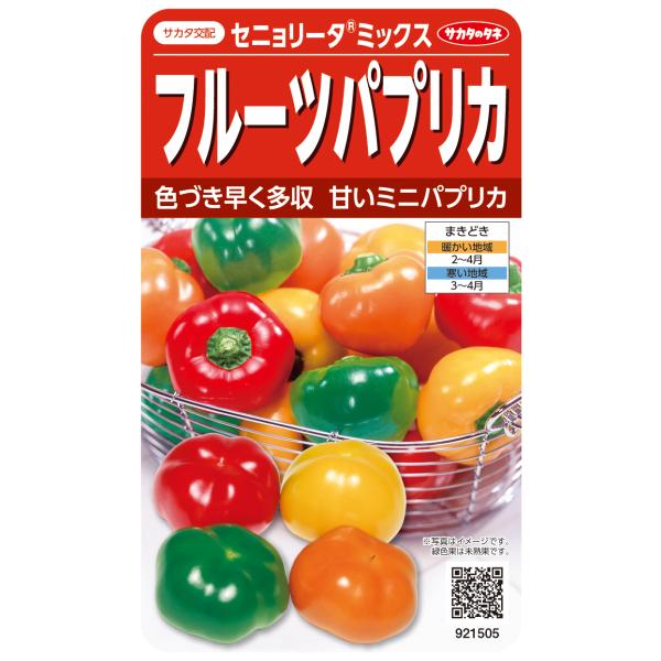 ●直径4~5cmのミニパプリカ。●果肉厚くジューシーな果実が開花後45日程度と早く色づき収穫できます。●完熟すると糖度8度程度になります。