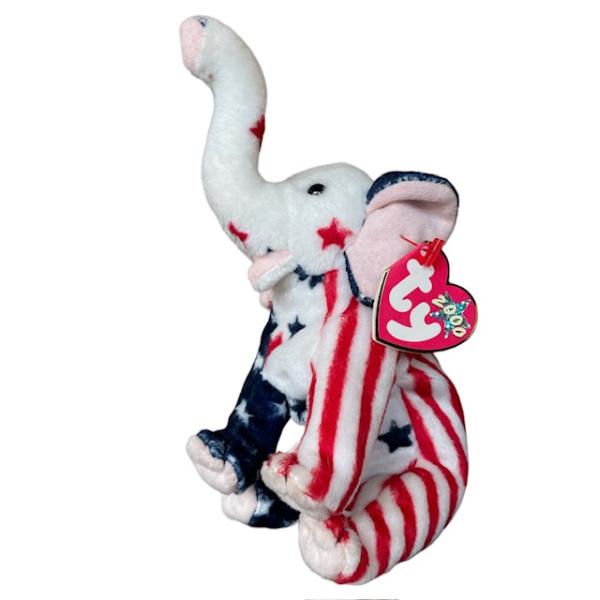 ぞうぬいぐるみ　Tyビーニーズベイビーズ　"Righty" 2000年7/4生まれ　ギフトぬいぐるみ　コレクション　インテリア雑貨アメリカ国旗柄のぞうぬいぐるみ。素材：ポリエステル中身：ポリエチレン珠の詰め物モニターの発色具合により見え方が...