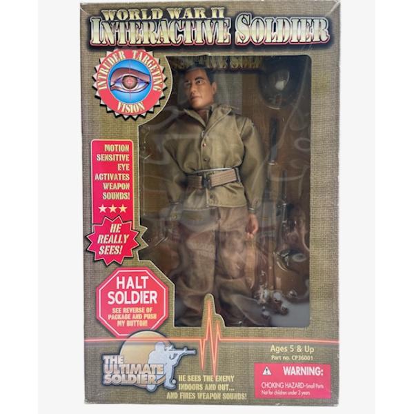 21世紀おもちゃ　WORLD WAR II INTERACTIVE SOLDIER HALT SOLDIER 1:6スケール電源が入ると目のセンサーが作動し、敵を察知すると武器を発砲するサウンドが鳴るフィギュア。背中部分に電池を入れる箇所が...