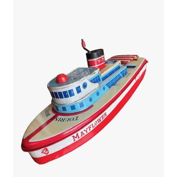 ヨネザワ玩具　TOURIST BOAT Y-7 MAYFLOWER ブリキ船玩具　日本製　当時物1960年代観光客船メイフラワー号ブリキ玩具です。日本製ヨネザワ玩具のブリキ製玩具。上部の取っ手を回すとプロペラが勢い良く回りだします。船体後ろ...