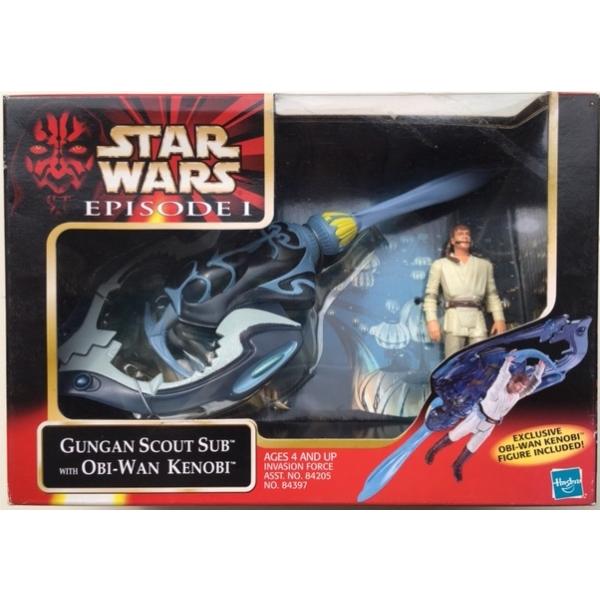 スターウォーズ　エピソード1よりオビワンケノービのフィギュアをグンガンスカウトサブに取り付けも可能なフィギュアセット。グンガンスカウトサブの後部にあるフィンを引くとハサミのようなクロー部分が開閉して動かせるギミックが付いています。内容:グン...