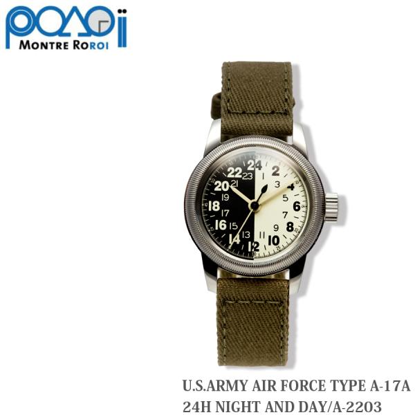 第2次世界大戦時、米陸軍航空隊に採用されたTYPEA-17A 24H。当時エルジン社が製作したこの時計は昼夜問わず飛行するパイロットの為、昼と夜を白と黒に色分けた24時間時計です。瞬時の時刻確認に適した仕様となっています。・スイス製クォーツ...