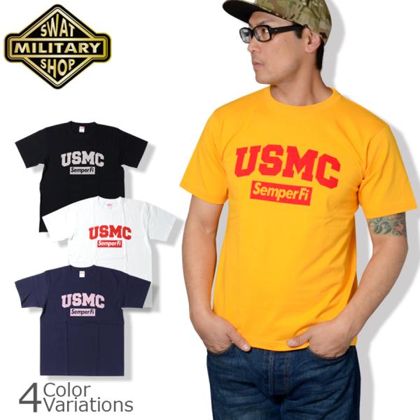 アメリカ海兵隊のモットー「Semper Fi＝常に忠誠を※ラテン語」をボックスロゴに、USMCの文字と組み合わせた当店オリジナルTシャツです。※抜染・染込みプリント商品管理番号:swa0503311カラー:GOLD/WHITE/NAVY/B...