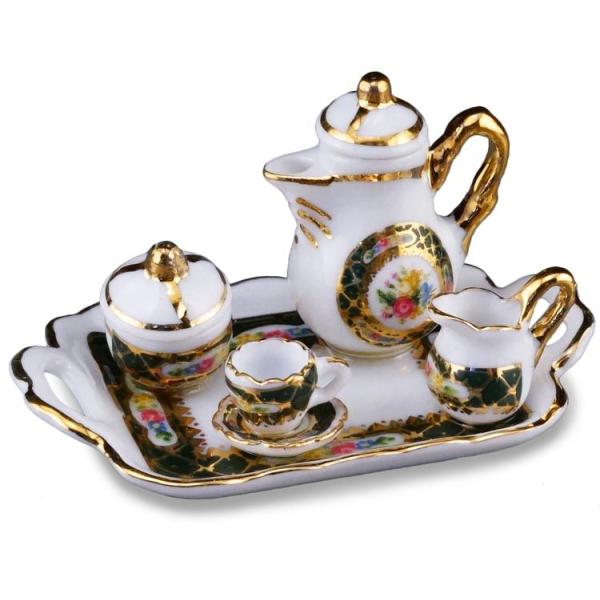 少し小さめのティーセットですが、かわいらしいです。すべてトレーに接着されています。ティーポットのフタも接着されています。※こちらは1/12より少し小さめです。サイズをお確かめください。アクリルケース入りです（アクリルケースからは取り出せます...