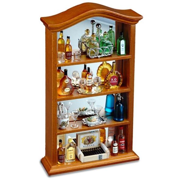 ドイツロイター社製のミニチュア家具です。サイズ：W90xD26xH150mm。棚の奥行き約19ｍｍ。スケールは１/１２です。※小物は接着されています。内側背面は鏡張りになります。外側の背面は木製です。棚の高さ内寸：下から１段目29?、２段目...