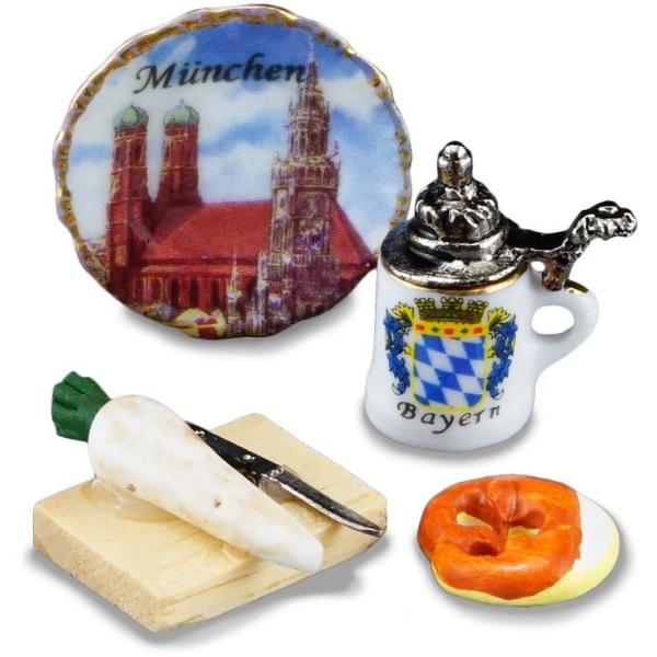ドイツロイター社のミニチュアです。プレッツェルにラディッシュを挟んで食べるんですかね？さらにビールで？渋いですね?相変わらず（笑）おまけに、ミュンヘンの素敵な絵皿も付いてます！ドイツ気分を貴方に！絵皿の直径約25mm。ビアマグの高さ約22m...