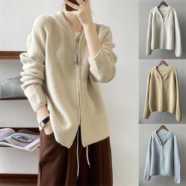 カーディガン レディース 春 秋 ジップアップ アウター ニットカーディガン 長袖 Vネック 羽織り ノーカラー ニット  トップス 前開き ニットソー  あったか 無地 カジュアル 体型カバー ゆったり きれいめ 着痩せ おしゃれ シンプ...