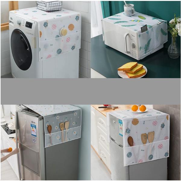 ■品名：防塵カバー■素材：PEVA■カラー：全4色■生産地：：中国■適用電器：冷蔵庫■検索ワード：冷蔵庫 ダストカバー 汚れ防止 カバー 収納 ポケット 防塵カバー 収納袋付き 冷蔵庫上カバー 防水 小物入れ　布　ポーチ　バッグ　テーブル　...