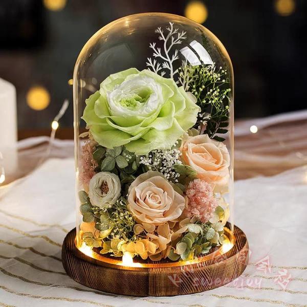 ??【サイズ】：直径14cmX高さ20cm　　??【花材】：最高級のプリザーブドフラワーを使用しています（品質保証）　ポット：ガラス　 台座：天然木??【付属品】：(1)安心してご注文して頂きたいから、ラッピング・手提げ袋・メッセージカード...