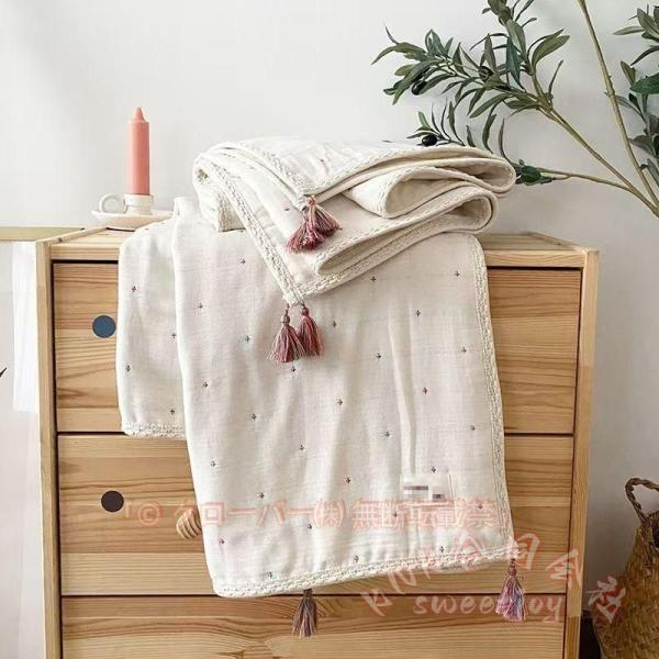 落ち着いた色合いでおしゃれなガーゼケット・フリンジがかわいい・吸湿 通気 無添加 肌にやさしい多用途ひざ掛け、肌掛け布団、ブランケット、毛布、膝掛け(ベビー、子供用 、大人用)肌に優しく安心のコットン100％素材天然素材のコットンをたっぷり...