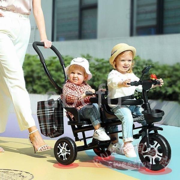 二人乗り三輪車ベビーカー双子用子供用自転車補助棒付き両点シートベルト付き物置くカゴ付き補助棒取り外す能誕生日プレゼントアウトドア