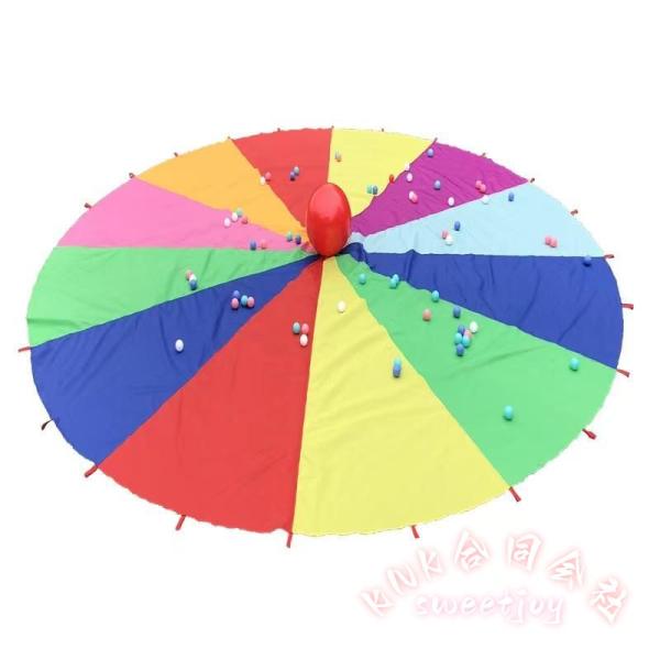 商品説明：素材：オックスフォード生地。サイズ直径4メートル。機能：持ち手20つ付き、12-18人対応できます。みんなで一緒に遊べるプレイパラシュートです。ハンドルを持ち、音楽に合わせて上下に動かす等により、遊びながらリズム感、 協調性を育て...