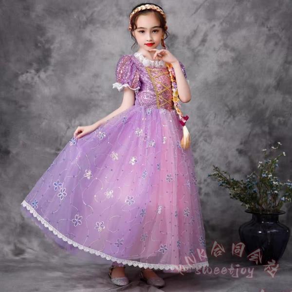 ラプンツェル なりきり 3点セット 子供用キラキラのロングドレス＆アクセサリー小物付き憧れのお姫様に変身！ラプンツェル髪長姫 風、花飾りの三つ編み付き 豪華3点１セットでなりきりコーデ完成エレガントで可愛い 煌めきとワクワク感をプラスした、...