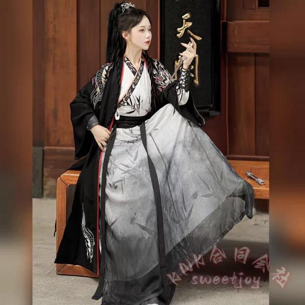 商品詳細 大人黒系水墨風漢服　ユニセックスチャイナ服 内容   黒い羽織、交差襟ブラウス、巻きスカート、袖カバー サイズ（cm）【 S 】身長152-160　バスト88以内　体重45KG以内【 M】身長158-165　バスト84-94以内　...