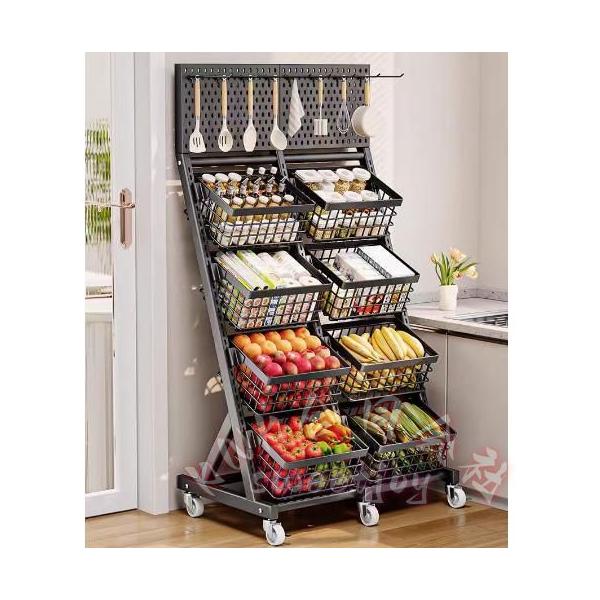 【製品仕様】A型3段；収納バスケットは3個あり、お菓子やおもちゃ、野菜などを入れることができます；5個のフックがあり、フックにはスナックやキーホルダーを掛けることができます。厚みのある炭素鋼構造、防水/防錆、色落ちなし。 安定していて揺れま...