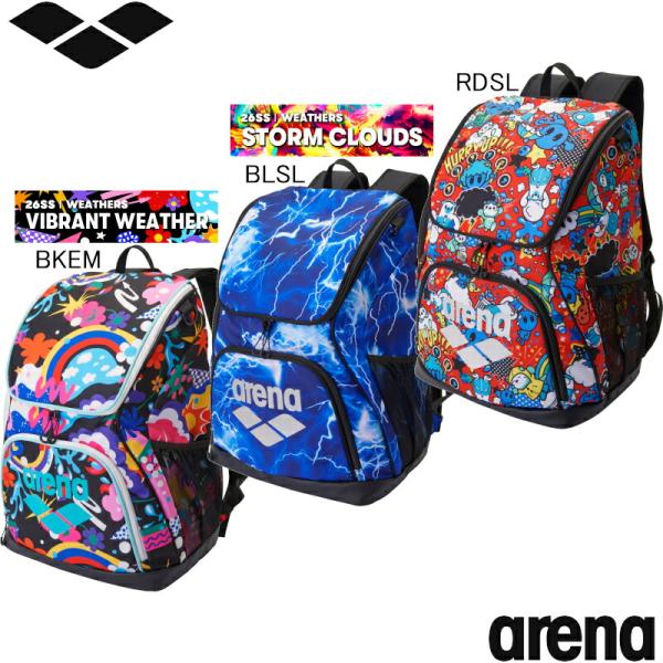◇スタイル◇STORM CLOUDSVIBRANT WEATHERアリーナくんバックパックリュックW34xH48xD24cm 約35リットル中国製公式大会使用不可◇特　徴◇arenaの定番バックパック(AS5SBP11U)に、26SSのデザ...
