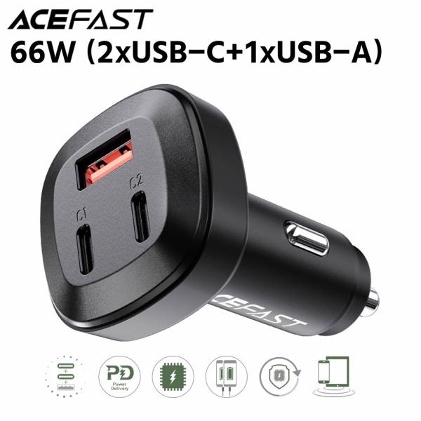 仕様商品名：ACEFAST 車 充電器(最大出力：66W Max　3ポート 急速充電)ポート：Type-C×2ポート、USB-A×1ポートカラー：ブラック重さ：約46g入力：DC12-24V出力組合せ：USB-C1：36W (compati...