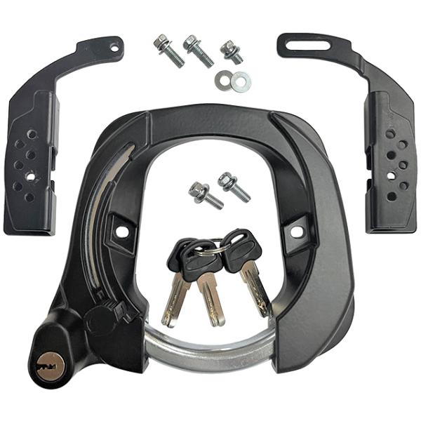 ・各メーカー、各車種において多種多様な取り付け位置がある電動アシスト自転車にマルチに対応するe-ブラケット付属のリング錠・子供のせ電動アシスト自転車に装着されている20インチ太タイヤなどにも対応する特大サイズの内径・ツマミはセーフティ機構付...