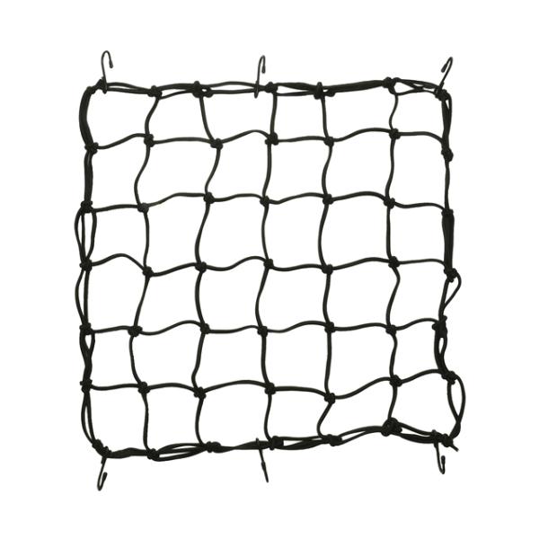 ・バッグやウエアなどかさばる荷物の積載に最適な固定用ネット・コンパクトで常備しやすいサイズ・6つのフックで積載物をしっかり固定・キャリアやシート、タンクなどにも使用可能 ■素材　ゴム（ネット）、スチール（フック）450mm×450mm