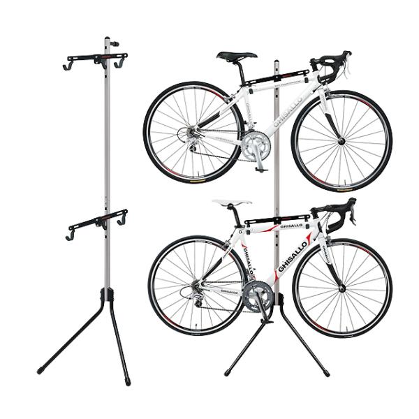・ネジ等で固定せず、3点で自立させる壁立て掛け式ディスプレイスタンド・壁に立て掛けるように置くだけ、設置が簡単で設置場所の移動も楽々・自転車2台の展示、収納が可能・本体は上品なチタン塗装が施された耐久性のあるスチール製・自転車2台分のクレー...