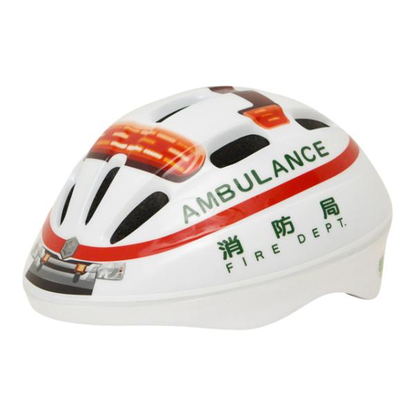 ・お子様に人気の救急車をモチーフにしたヘルメット・お子様の首への負担を軽減する軽量設計・後頭部のダイヤルを回すだけで頭の大きさに合わせることが可能・SG規格合格品 ■素材　表面：ポリ塩化ビニル内部：発泡ポリスチレン中パッド：ナイロン■重量 ...