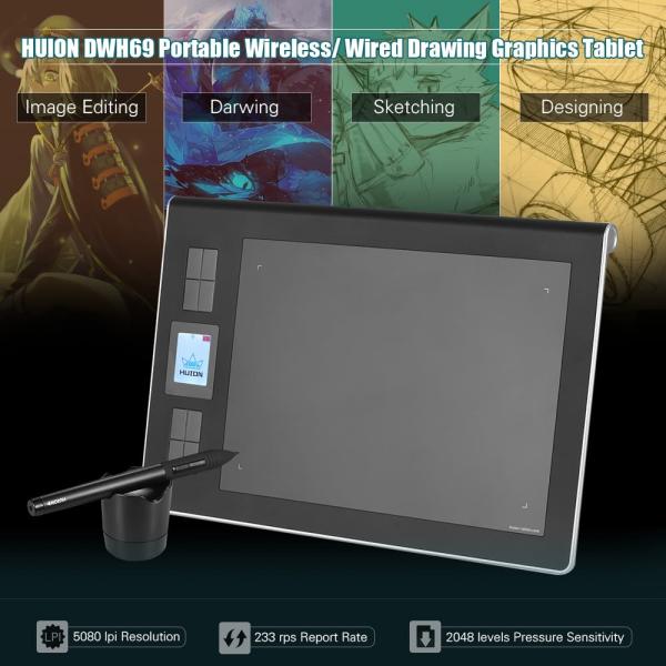 USB有線接続/２.４GHzワイヤレス接続に両対応したグラフィックペンタブレット9 x 6インチのアクティブ領域5080 LPIの解像度と233 RPSのレポートレート2048レベルの圧力感度カスタマイズ可能な8個のエクスプレスキーフル充電...