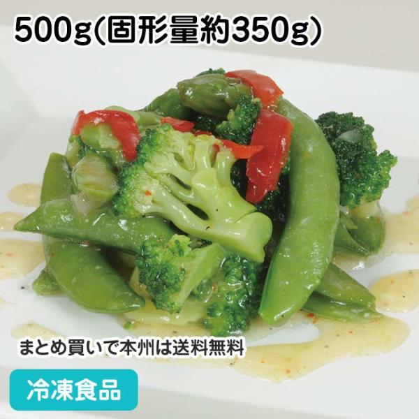3種の緑野菜（スナップエンドウ、ブロッコリー、アスパラガス）に赤ピーマンを加え、にんにくを効かせたペペロンチーノ風に仕上げたお惣菜です。パスタの具材にも最適な商品です■原材料：スナップエンドウ（中国）、ブロッコリー（中国）、アスパラガス（ペ...