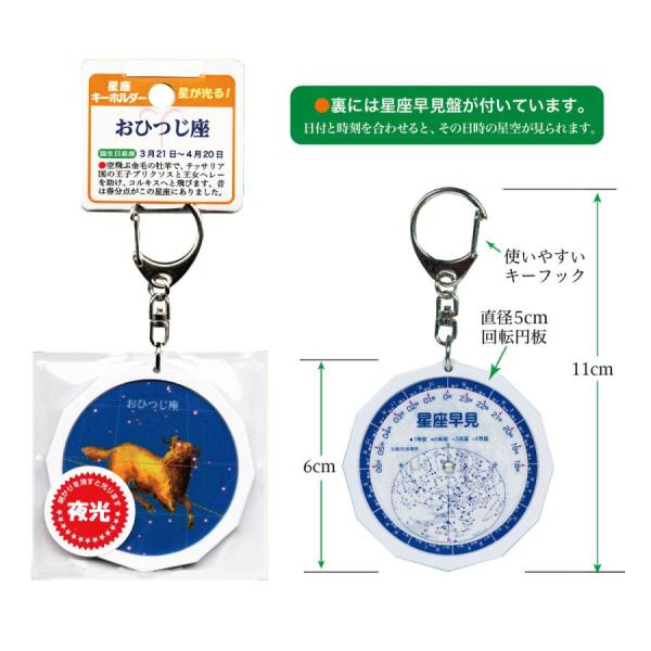 12星座のイラストが描かれたキーホルダースーパー夜光処理の為、明かりを消してから1時間以上光ります。キーホルダーの裏にはミニ星座早見盤がついています。