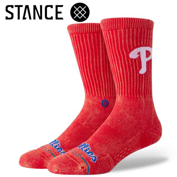 MLB チームソックス スタイル:クルー 素材:コームドコットンブレンドアメリカ合衆国ペンシルベニア州フィラデルフィアにあるシチズンズ・バンク・パークに本拠を置く大リーグ フィラデルフィア・フィリーズ のウォッシュ加工を施したチームソックス...