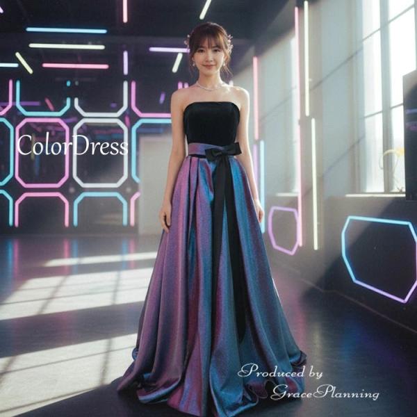 シンプルデザインでバイカラーが可愛いカラードレス上身頃はベロア調・スカートはサテン生地で重みがあります● 演奏会や舞台衣装はもちろん 結婚式や二次会など花嫁様にもおススメです● 背中はゴムシャーリング+編み上げ紐タイプでバストサイズの多少の...