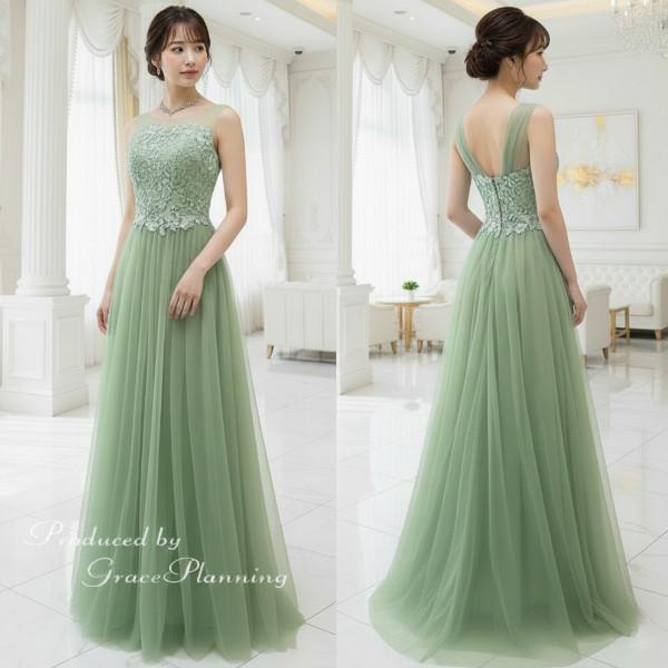 グリーンの柔らかいチュールに施された上品な刺繍でエレガントな雰囲気を演出します。落ち着いた色合いは、華やかさと同時に落ち着きも感じさせ、演奏会や舞台衣装、二次会、ウエディングパーティ、発表会など、さまざまなシーンで活躍します。花嫁衣裳として...