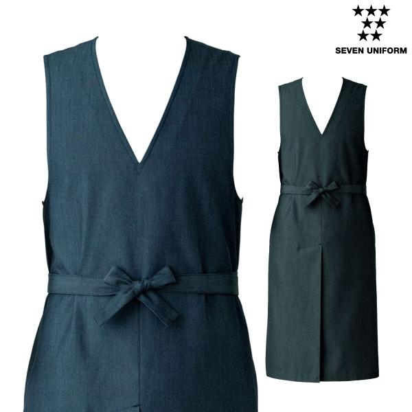 CS2348 エプロンドレス（男女兼用）男性も着用出来るエプロンドレス！【MATERIAL】■素材：先染めデニム■混率：ポリエステル65％・綿35％【仕様】■ポケット（2）■前中心片プリーツ■後ろ上部ボタン留め■腰紐付【特長】男性も着用出来...