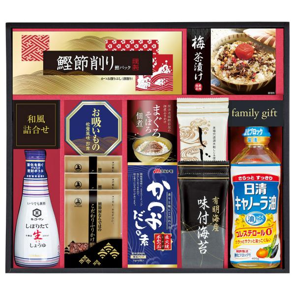 ■商品名：キッコーマン生しょうゆバラエティギフト  (EU-50B) ■商品内容：●セット内容:こだわりふりかけ×3、有明海産味付海苔（8切8枚）・しじみ醤油味付海苔（8切8枚）各2、キッコーマンしぼりたて生（なま）しょうゆ200ml・永谷...