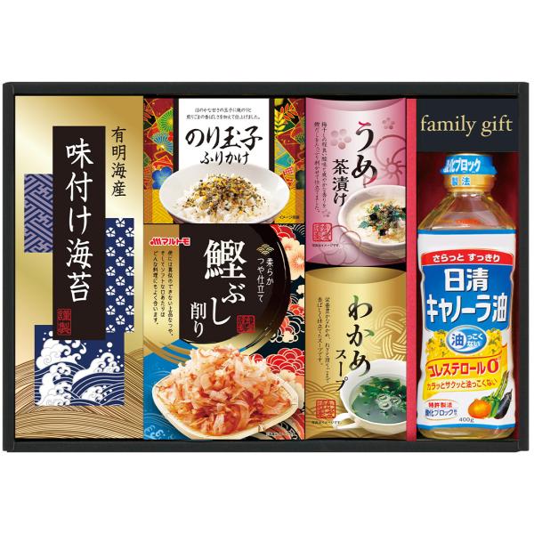 ■商品名：日清オイリオ食卓詰合せ (NSO-30A) ■商品内容：●セット内容:日清キャノーラ油400g・有明海産味付け海苔（3切4枚）・のり玉子ふりかけ（2袋入）・鰹節削り（4袋入）・うめ茶漬け（2袋入）・わかめスープ（2袋入）各1 ●加...
