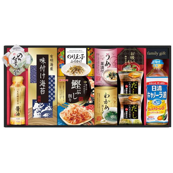 ■商品名：日清オイリオ食卓詰合せ (NSO-50A) ■商品内容：●セット内容:日清キャノーラ油400g・島の香のり佃煮80g・有明海産味付け海苔（3切4枚）・のり玉子ふりかけ（2袋入）・鰹節削り（4袋入）・うめ茶漬け（2袋入）・わかめスー...
