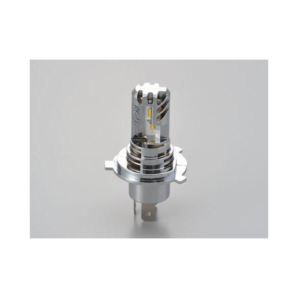 バルブ型LEDヘッドランプバルブバルブフランジ前方に冷却ファンを配置することでフランジ後方を小型化。●カラー：アルミ製クロームメッキボディ●タイプ：H4(6500K)・両面計12個のLED素子をコントロール・ドライバー一体型・JIS規格に基...