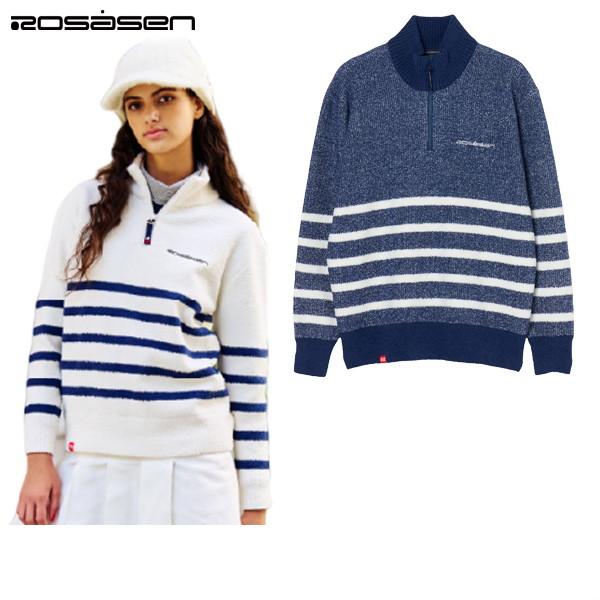 T-on ティーオン レディース商品詳細 ゴルフウェアロサーセン ROSASENセーター ハーフジップニット ハイネックにもなる ボーダー柄 ロゴ刺繍付 もっちりニット ゴルフウェア実寸サイズM(40) 身幅52cm 肩幅44cm 後ろ着丈...