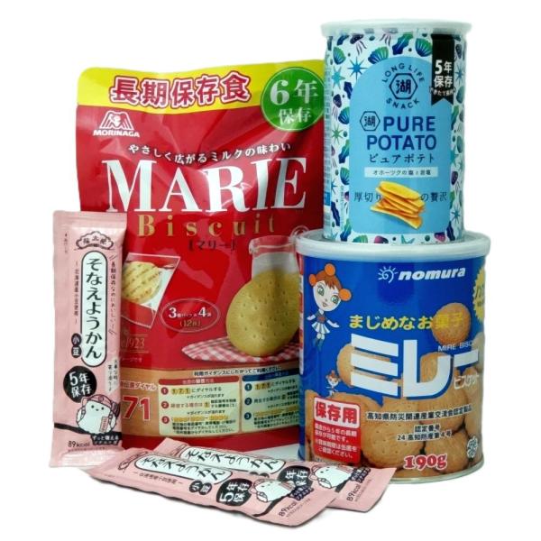 セット内容●榮太樓總本鋪　そなえようかん・・・3本●湖池屋　ピュアポテト　オホーツクの塩と岩塩・・・1缶●森永製菓　長期保存食マリー 12枚入り・・・1袋●アミノエース　保存用　ミレービスケット・・・1缶