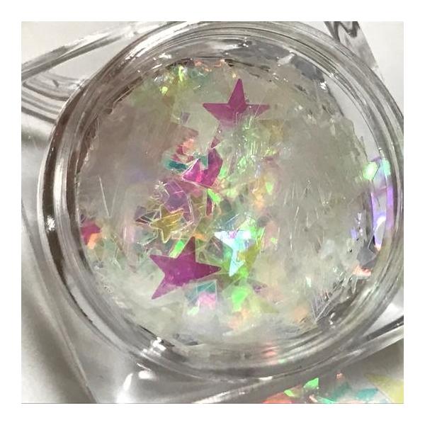 オーロラカラーの星のホログラムです。角度によって色の見え方が変わります。サイズは大中小の3種類ミックスとなります。【内容量】・ケース1個：約0.5g【サイズ】・ケース：30mm×30mm×15mm・1枚：4mm×4mm・6mm×6mm・10...