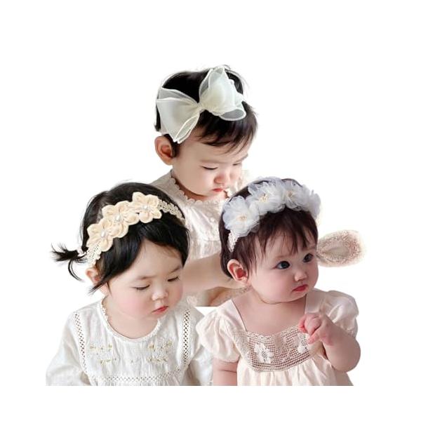 【セット内容】可愛いベビーヘアバンドの3点セットです。参考年齢：3ヶ月?3歳頃。【特徴】非常に柔らかく、ソフトな素材で、圧迫感がないです、お肌に絞め付け跡が残りません。【可愛いフラワーデザイン】可愛いフラワーをあしらった上品なデザインとなっ...