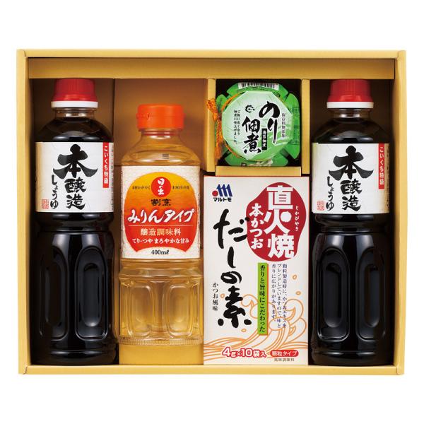 ●商品内容 サンビシ本醸造しょうゆ(500ml)×2、日の出割烹みりんタイプ(400ml)・島乃香のり佃煮(80g)・マルトモ直火焼本かつおだしの素(4g×10袋入)×各1 ●パッケージサイズ 25.5×30.5×7.5cm ●賞味期限 製...